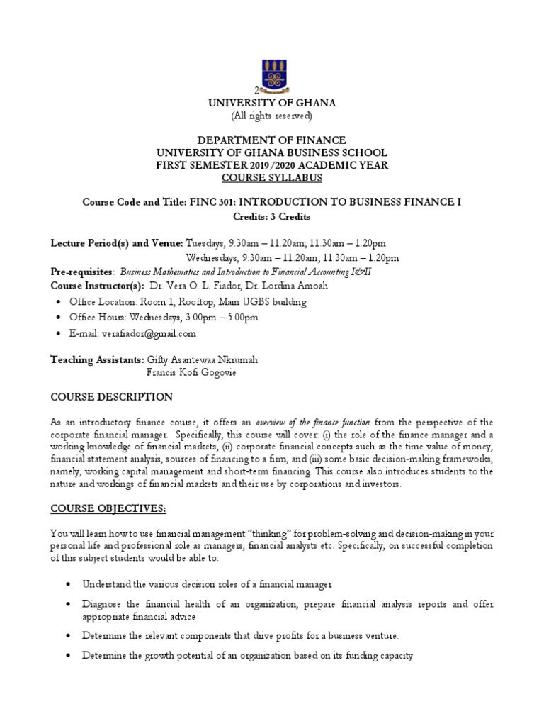FINC 301 Course Syllabus 2019-2020 | PDF | Plagiarism | Money