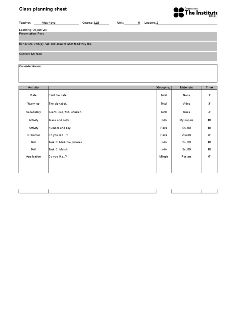 Class Planning Sheet: Teacher: Course: LL8 Unit: Lesson: 2 Learning ...