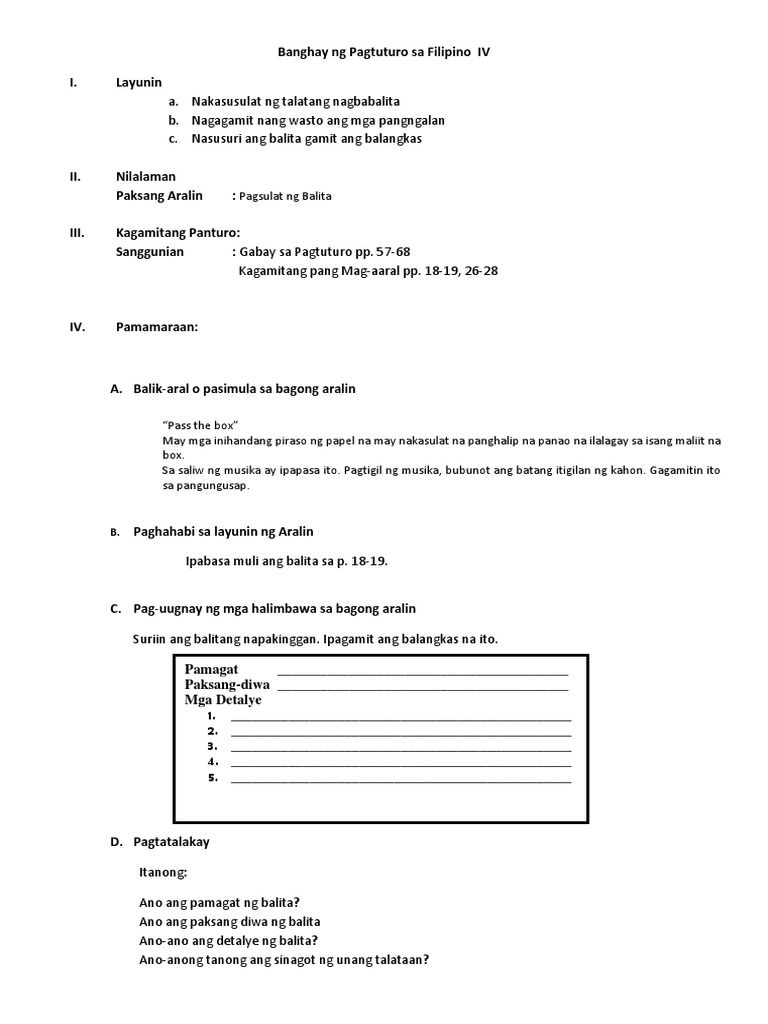 Banghay Aralin NG Pagtuturo Sa Filipino IV | PDF