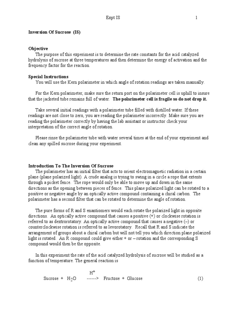 Inversion of Sucrose Reaction Kinetics | PDF | Chemistry | Physical ...
