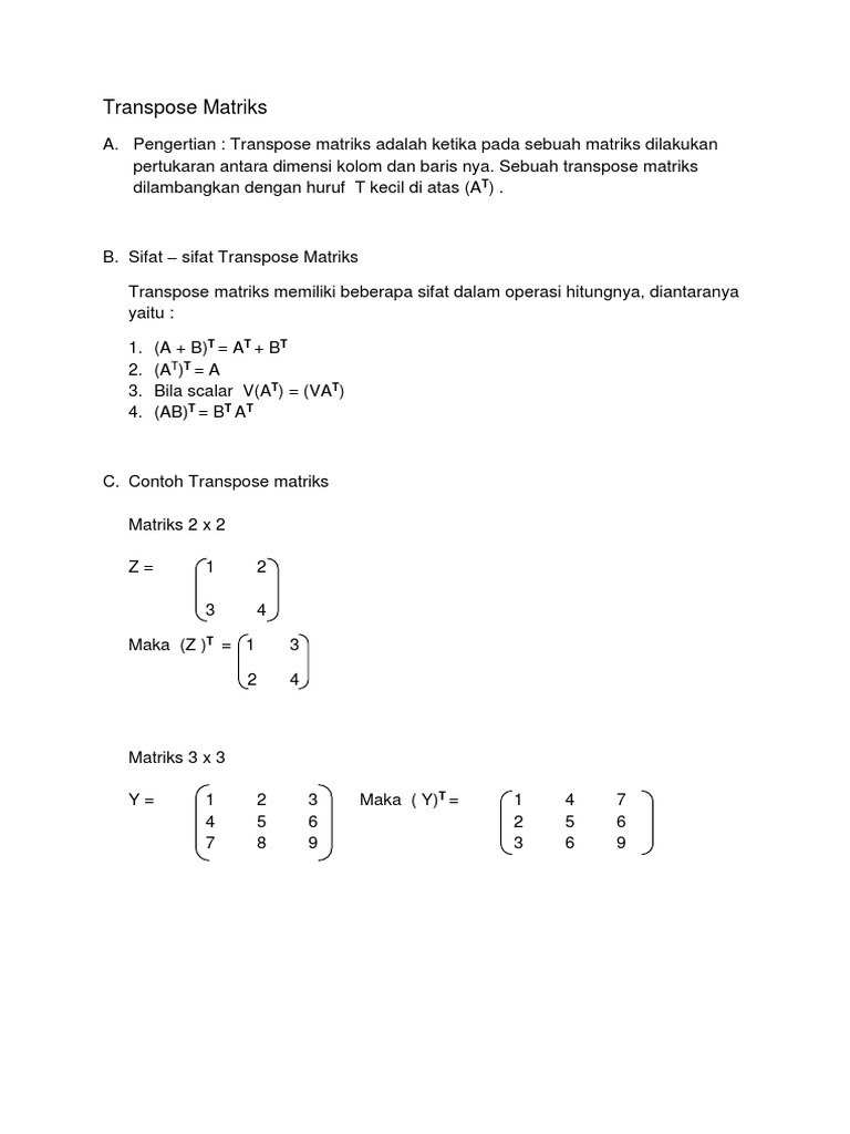 Sifat dan Contoh Transpose Matriks | PDF