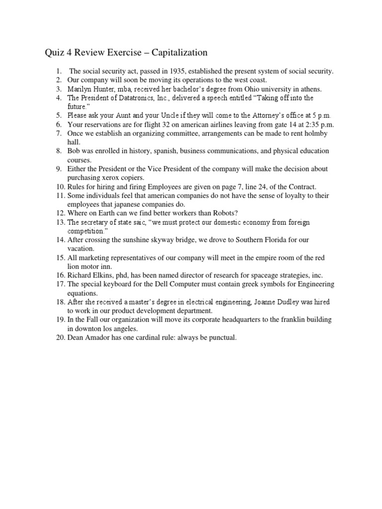 Quiz 4 Review Exercise Capitalization | PDF