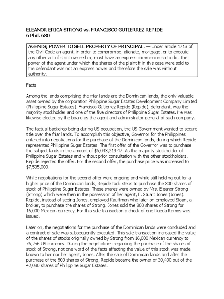 Eleanor Erica Strong vs. Francisco Gutierrez Repide 6 Phil. 680 Agents ...