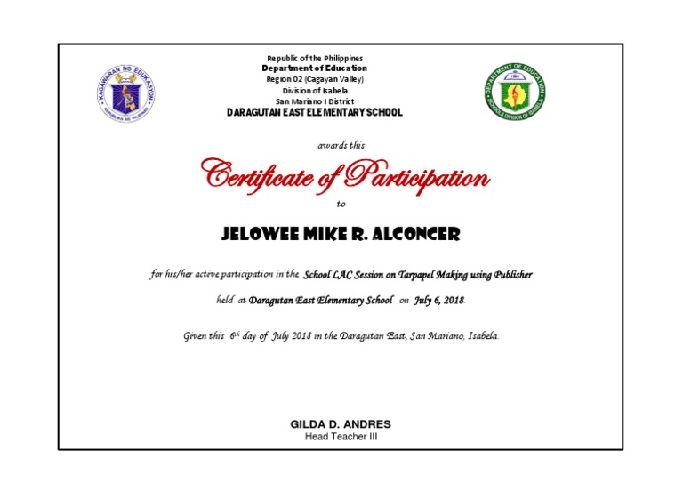 Certificate of Participation for LAC Session | PDF