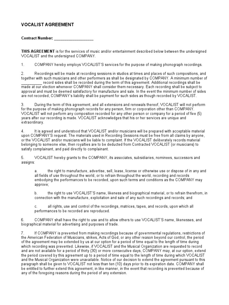Vocalist Production Agreement | PDF | Breach Of Contract | Damages