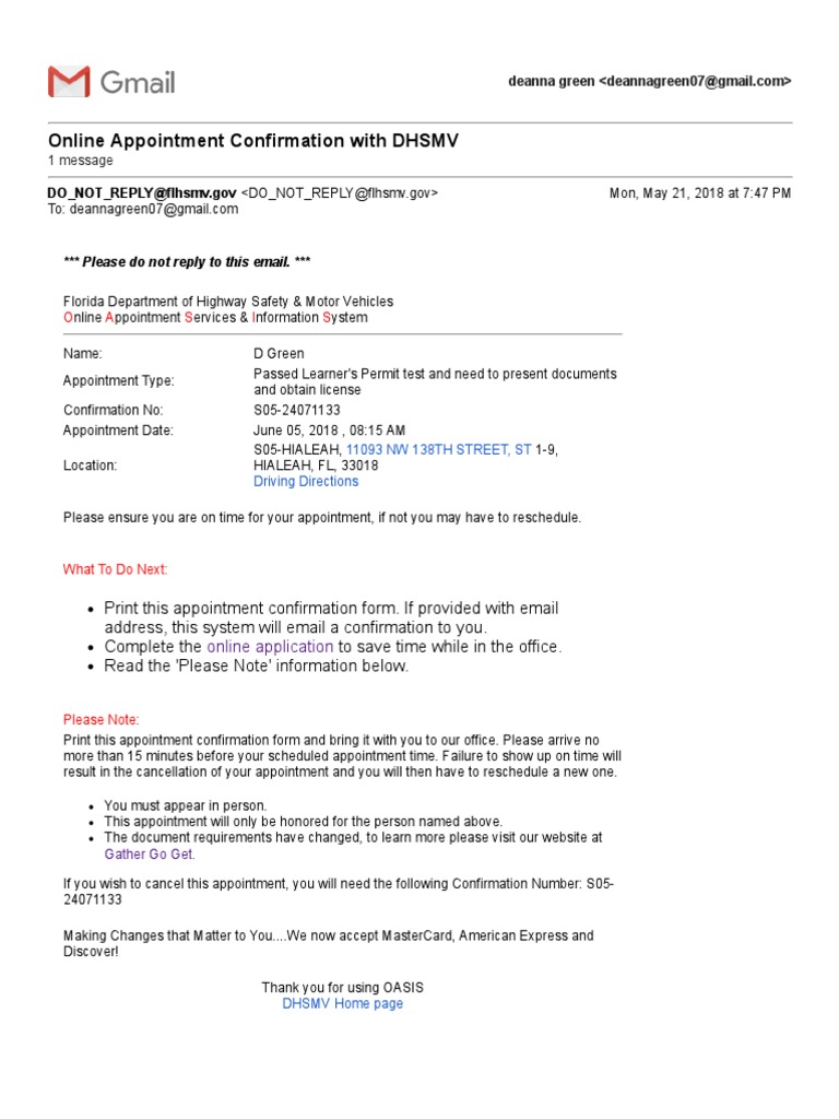 Gmail - Online Appointment Confirmation With DHSMV | PDF