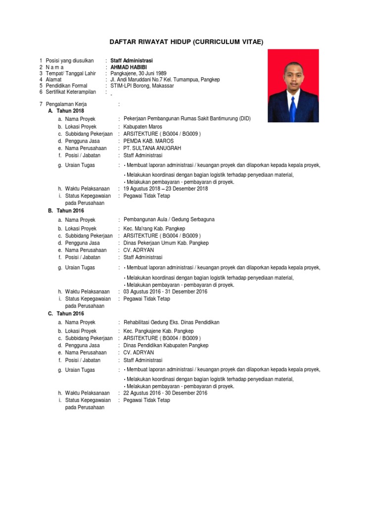 Contoh Daftar Riwayat Hidup (CV) Tenaga Tender | PDF