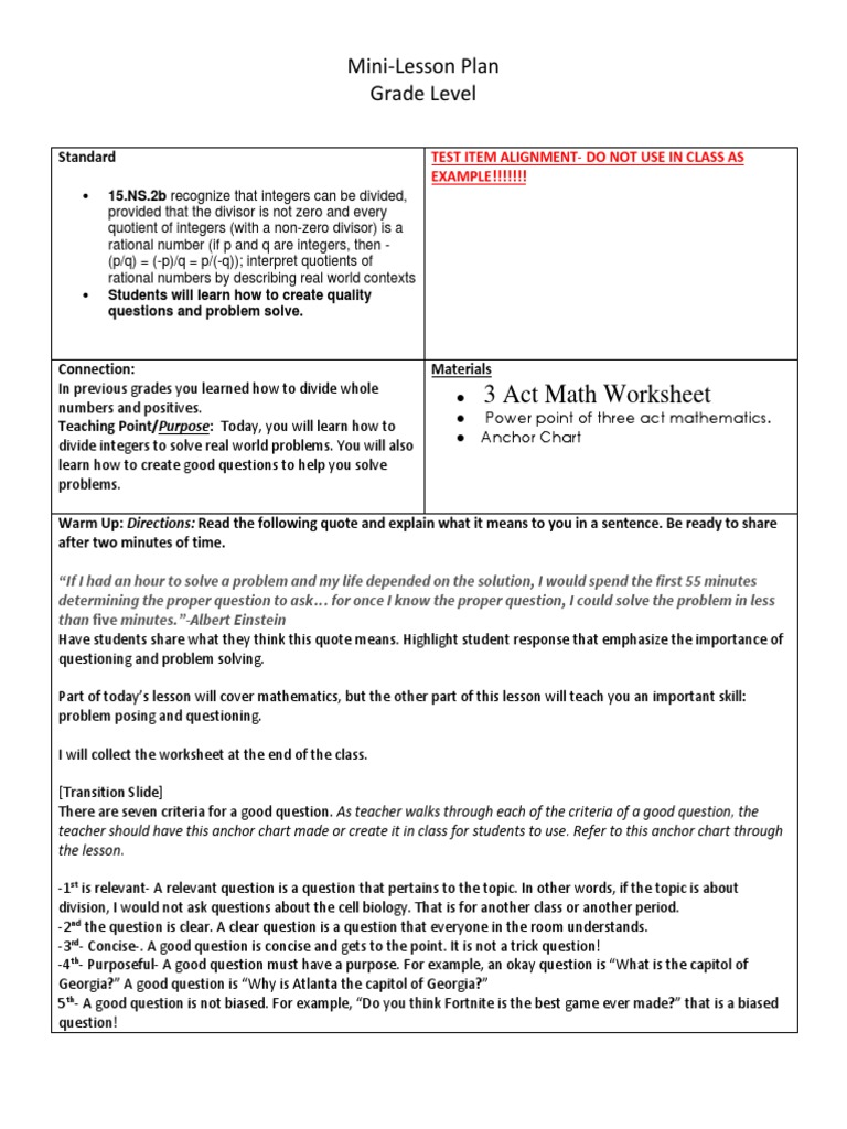 3 Act Math Worksheet: Mini-Lesson Plan Grade Level | PDF | Question ...