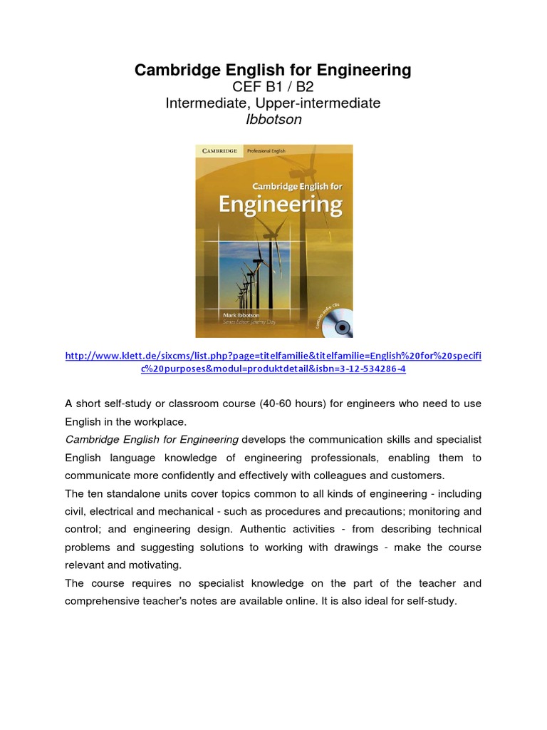 Cambridge English For Engineering: Cef B1 / B2 Intermediate, Upper ...