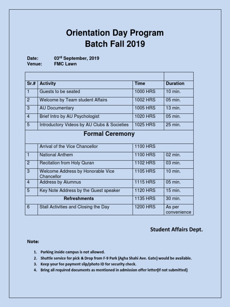 Orientation Day Program Batch Fall 2019: Formal Ceremony | PDF