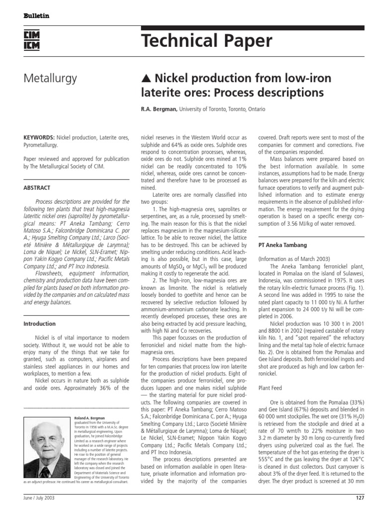 Nickel Production From Low-Iron Laterite Ores - Process Descriptions ...