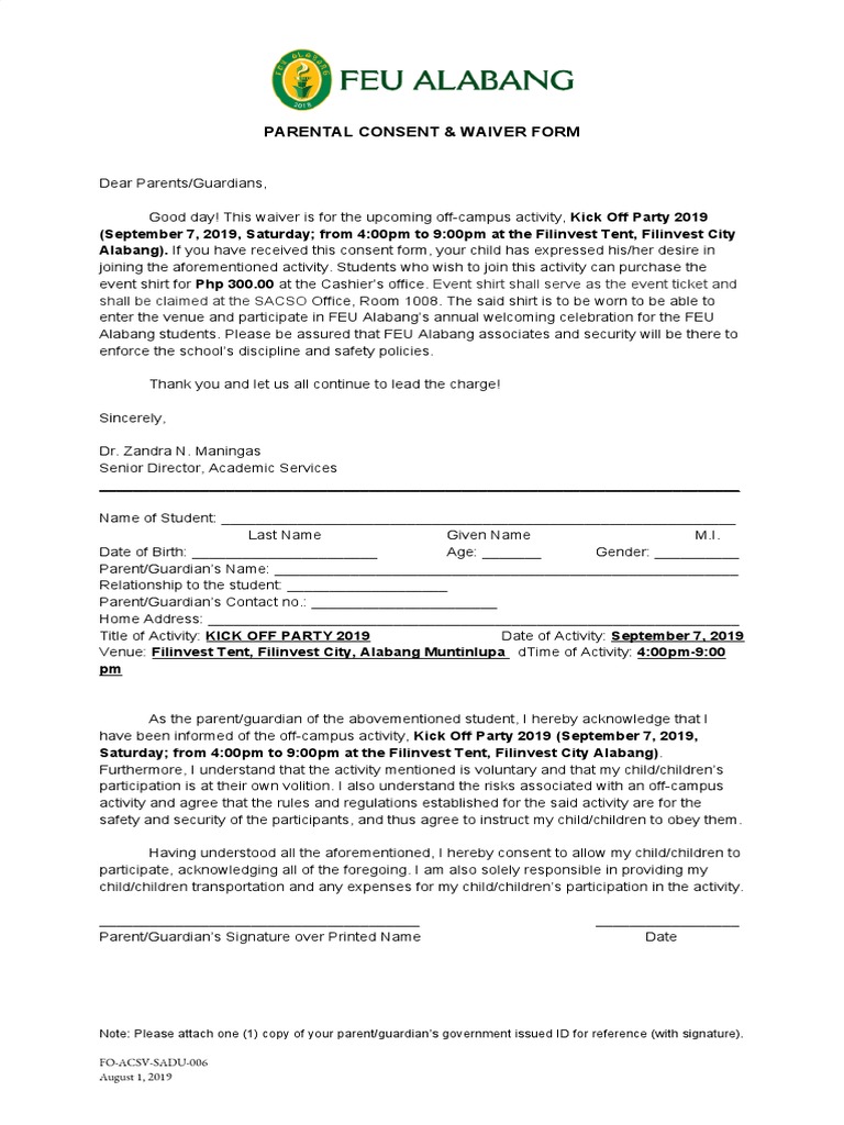 Parental Consent & Waiver Form | PDF | Justice | Crime & Violence