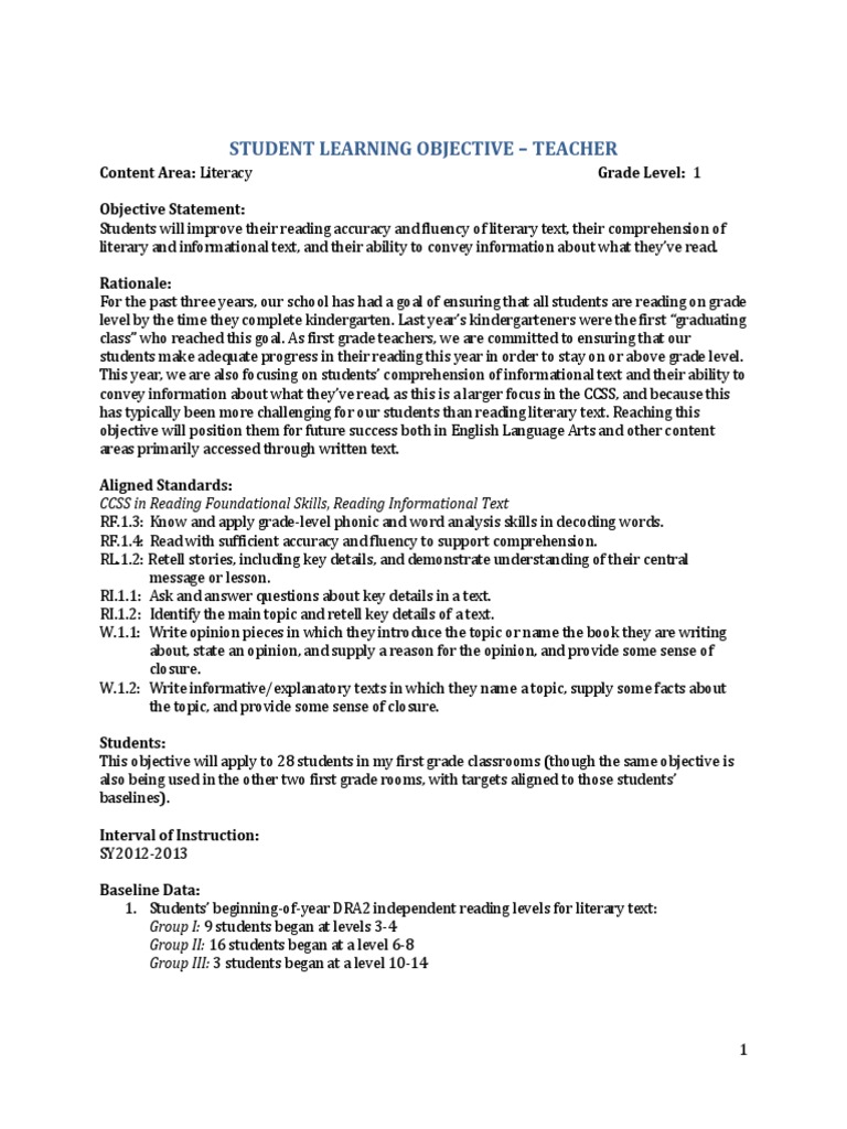 Student Learning Objective - Teacher: Content Area: Literacy Grade ...