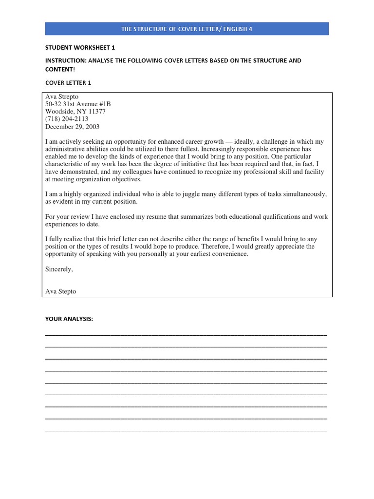 Student Worksheet 1 Instruction: Analyse The Following Cover Letters Based On The Structure and ...