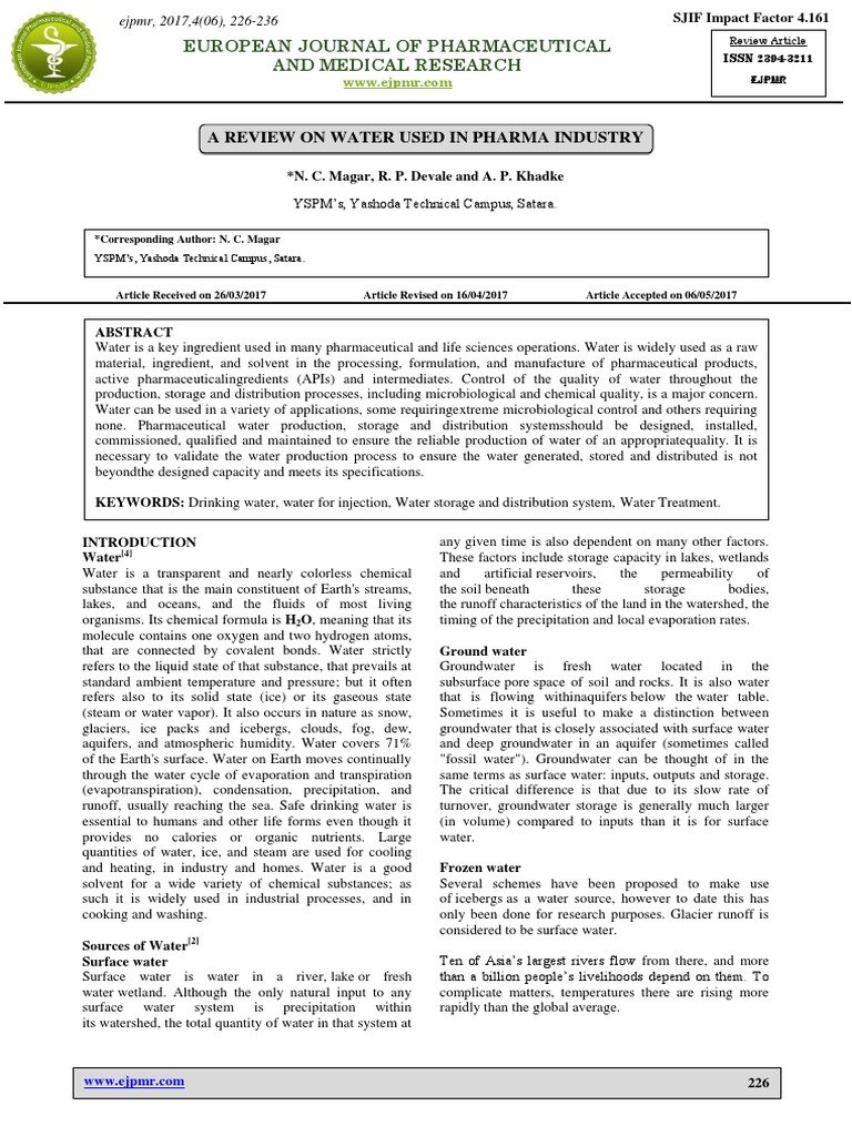 A Review On Water Used in Pharma Industry: European Journal of ...