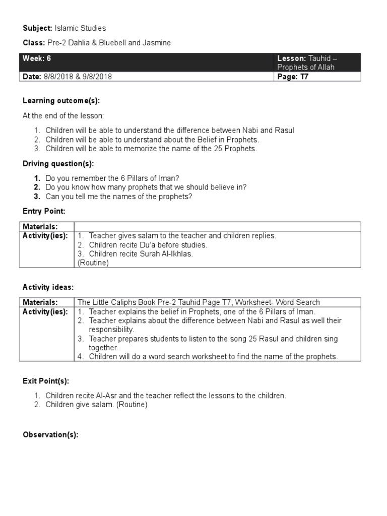 Lesson Plan - Pre-2 August | PDF | Prophets And Messengers In Islam ...