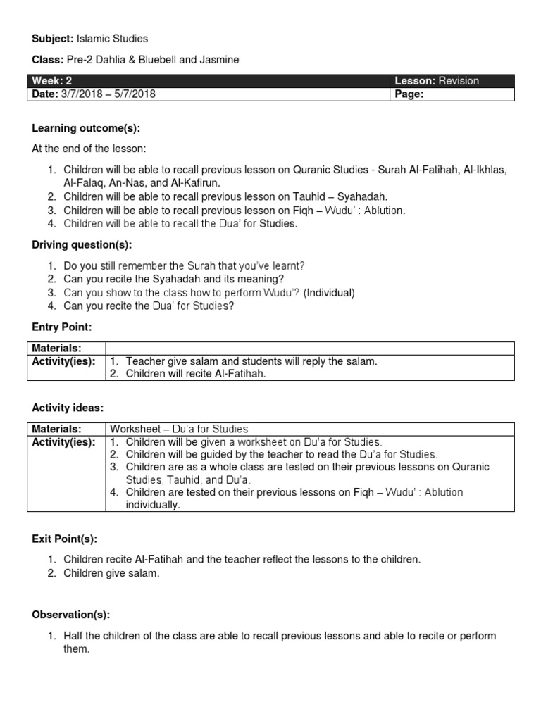 Lesson Plan - Pre-2 July | PDF | Surah | Prophets And Messengers In Islam