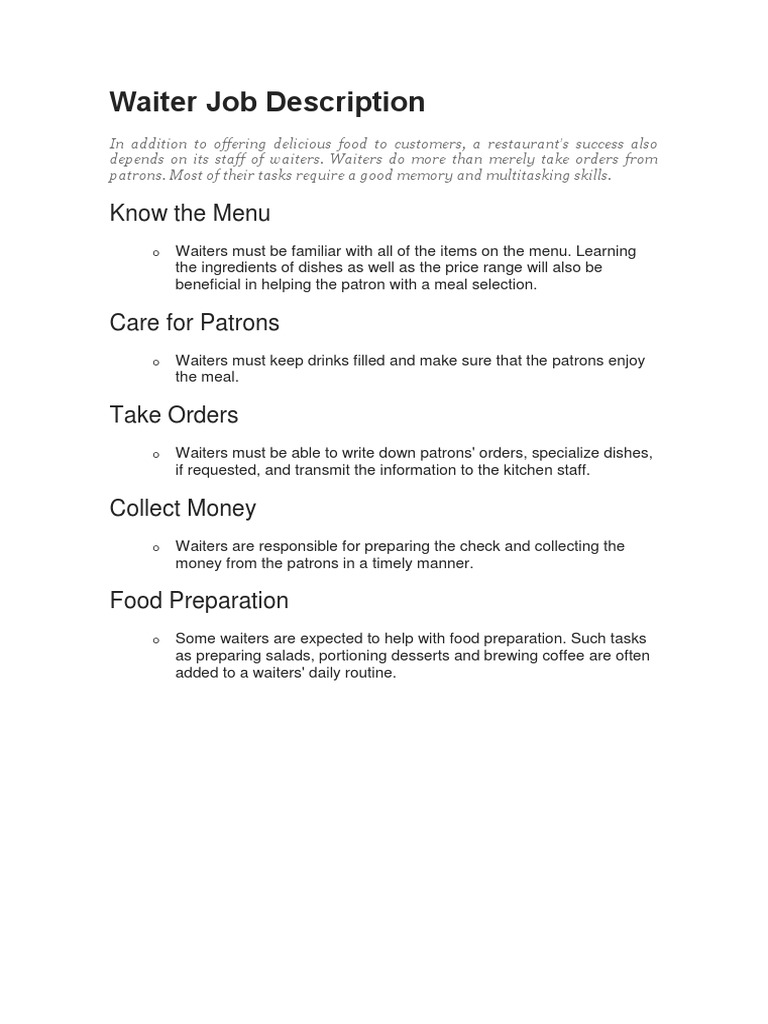 Waiter Job Description