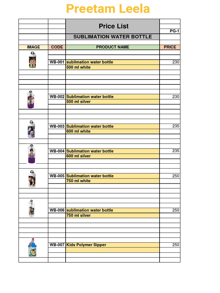 Price List: Sublimation Water Bottle | PDF | Green | Shirt