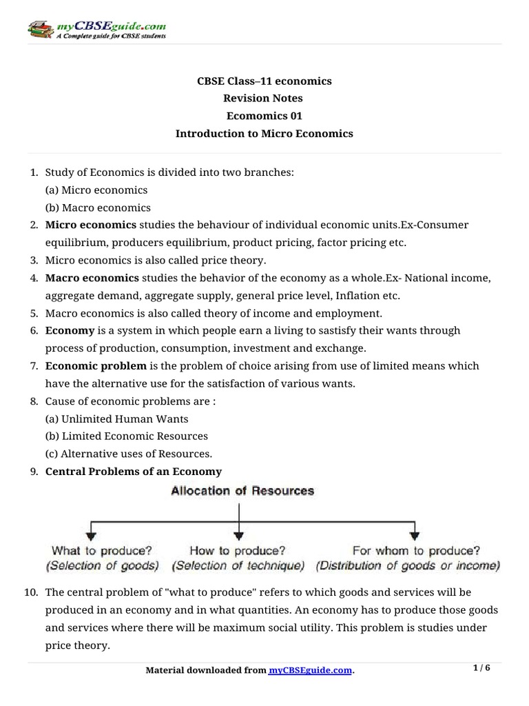 CBSE Class-11 Economics Revision Notes Ecomomics 01 Introduction To ...