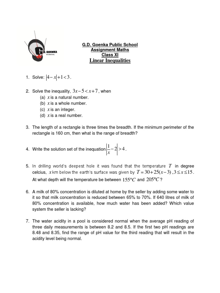 Class XI Linear Inequalities Assignment | PDF