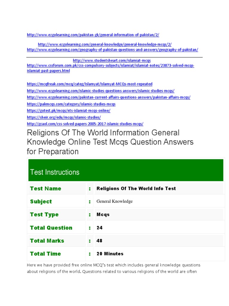 Religions of The World Information General Knowledge Online Test Mcqs ...