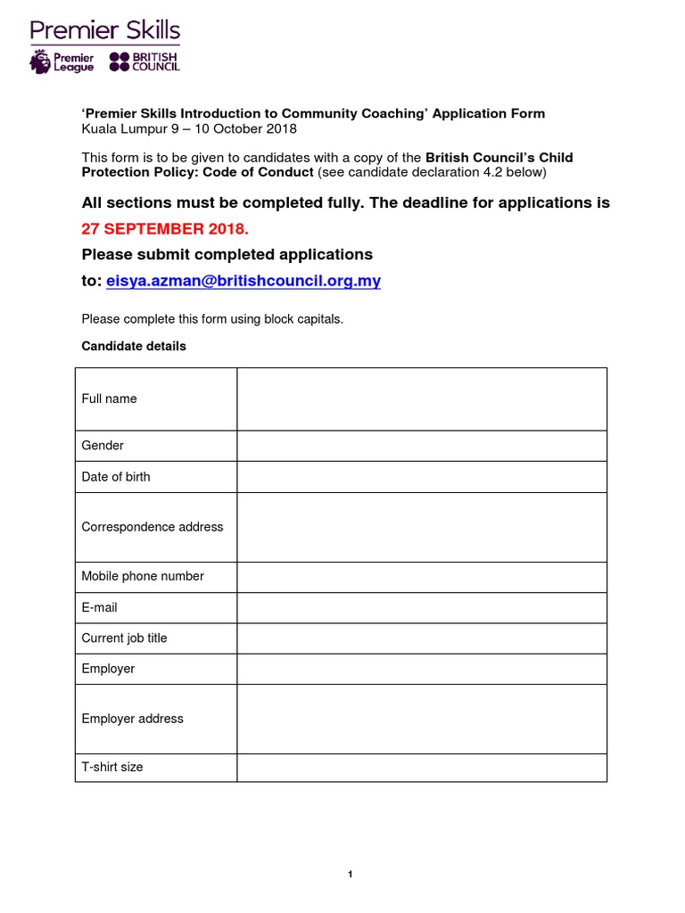 Premier Skills 2 Day Course Oct 2018 - Application Form | PDF | Child ...
