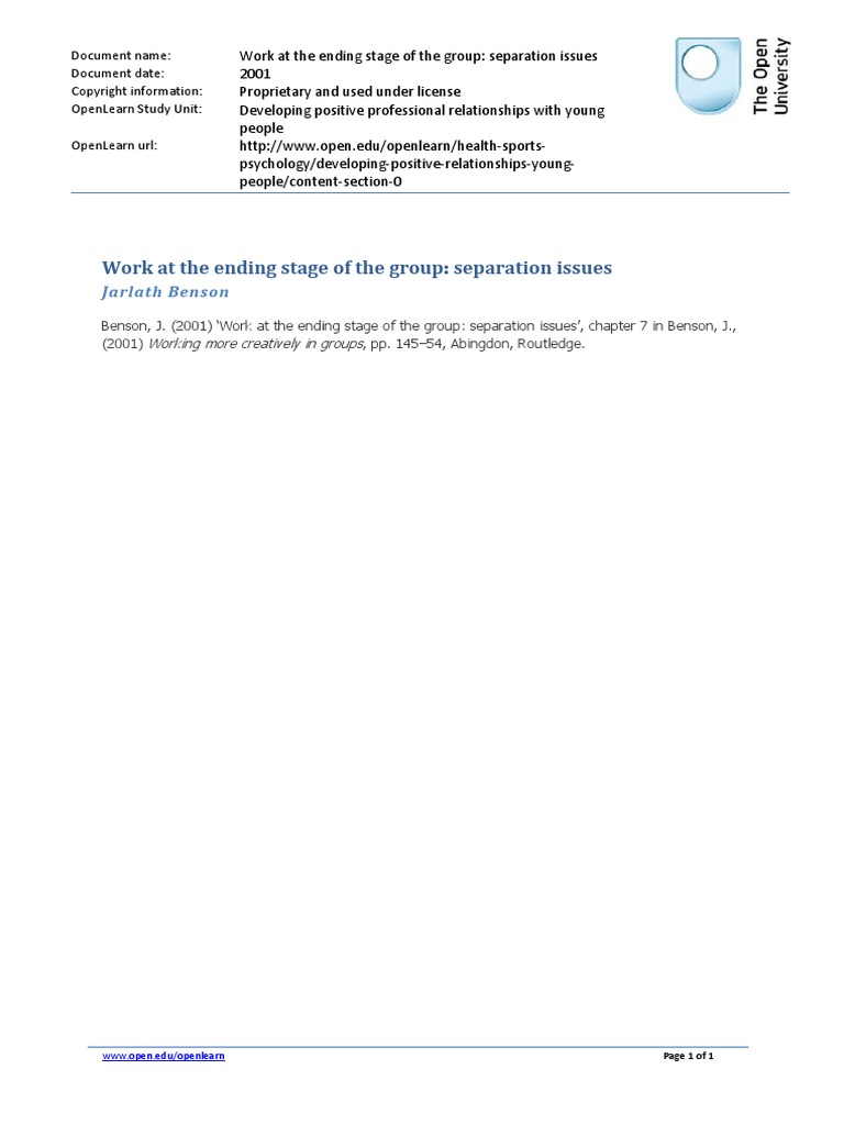 Work at The Ending Stage of The Group: Separation Issues: Jarlath ...