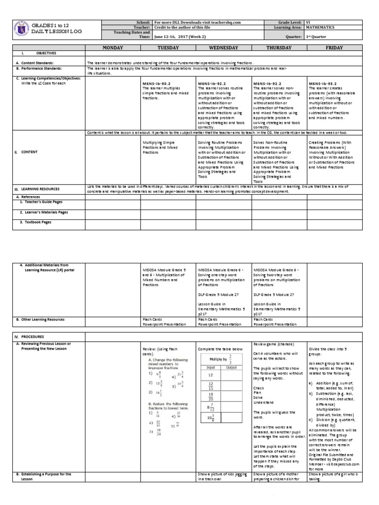 Grade 6 Dll Math 6 q1 Week 2 | Fraction (Mathematics) | Multiplication