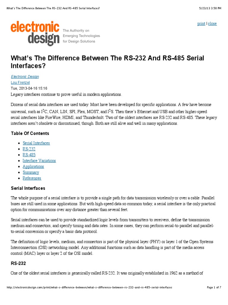What's The Difference Between The RS-232 and RS-485 Serial Interfaces? | PDF ...