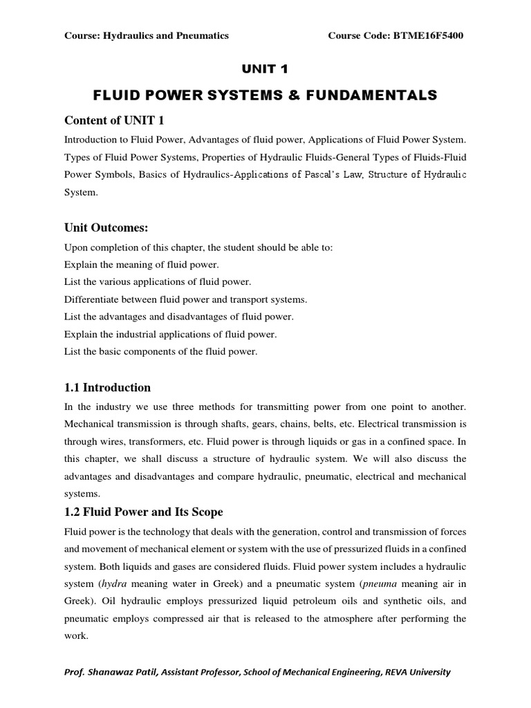 Unit 1 & 2 Fundamental of Hydraulic System and Components of Hydraulic ...