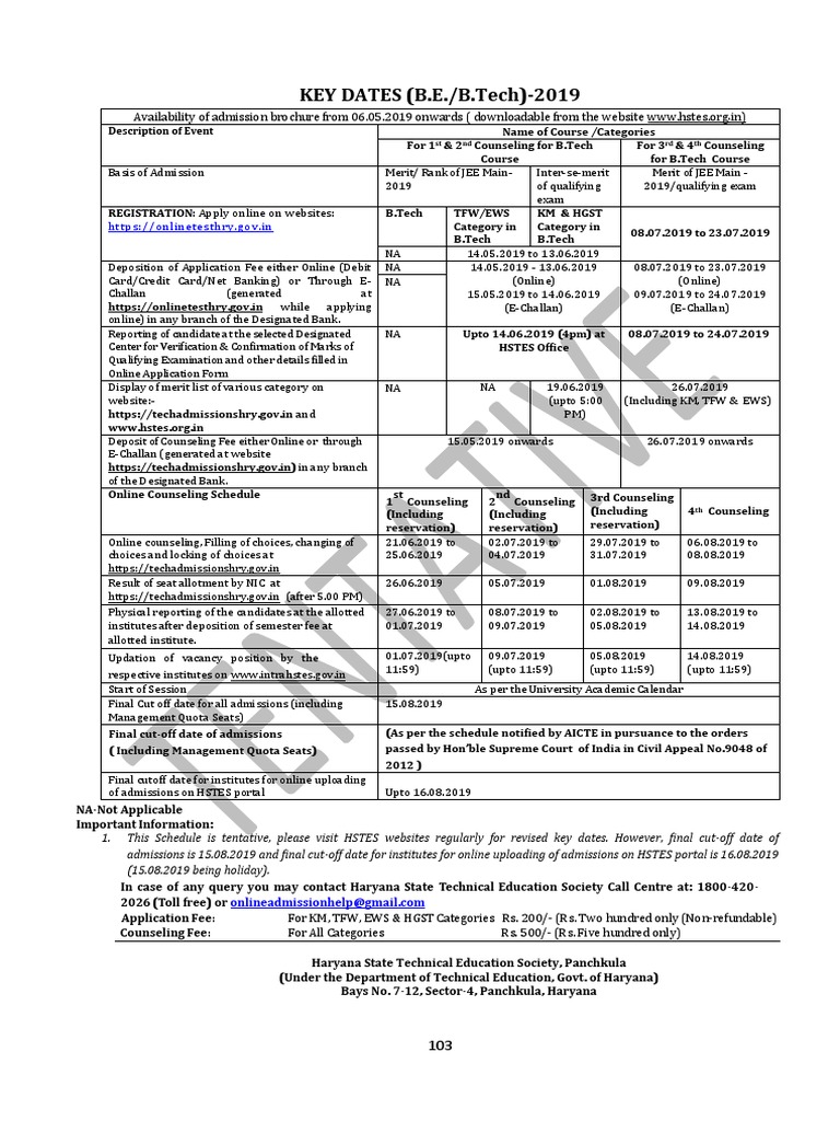 KEY DATES (B.E./B.Tech) - 2019: ST ND RD TH | PDF | Business