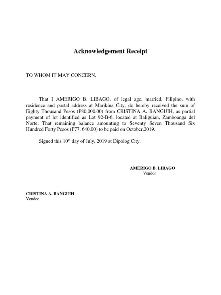 Acknowledgement Receipt for Partial Lot Payment | PDF