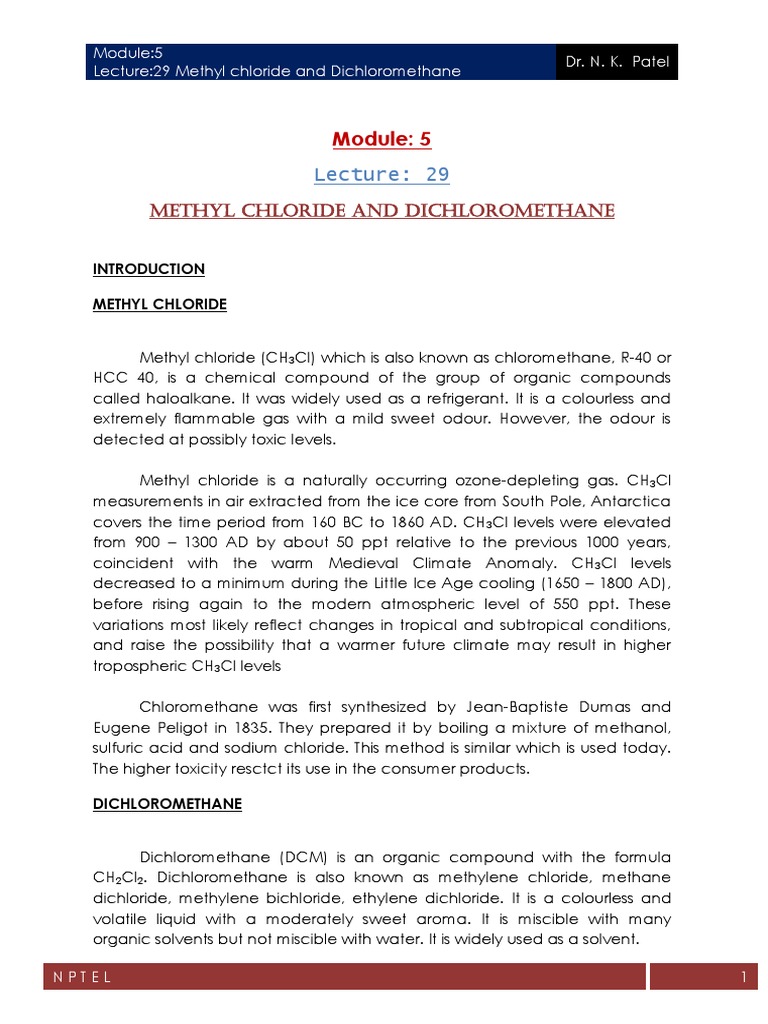 Methyl Chloride and Dichloromethane PDF | PDF | Chloroform | Chlorine