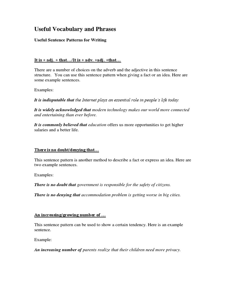 Useful Vocabulary and Phrases: Useful Sentence Patterns For Writing ...