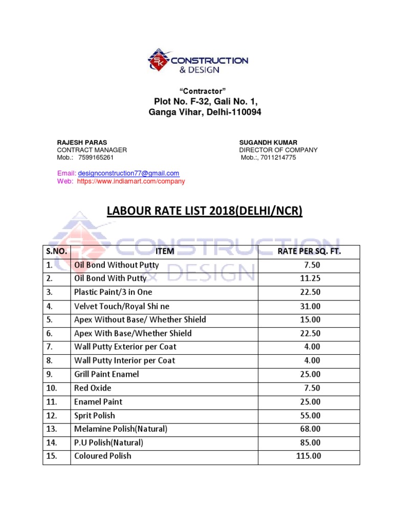 Labour Rate List 2018 (Delhi/Ncr) : Plot No. F-32, Gali No. 1, Ganga ...