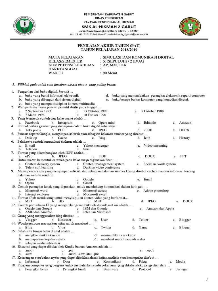 Naskah Soal Pat Simdig 2018-2019 Fix | PDF | Seni | Komputer