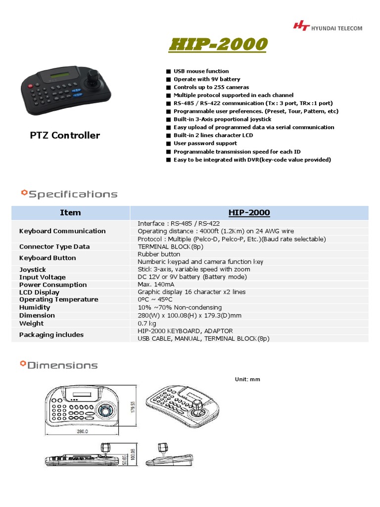 PTZ Controller: Item HIP-2000 | PDF