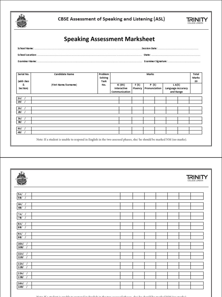 Speaking - Marksheet (ASL Listening and Speaking Sheet Format) | PDF | Humanities Education ...