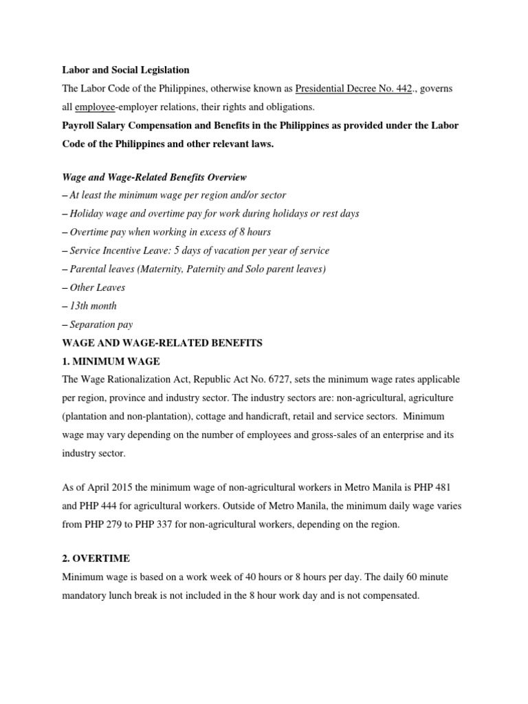 Philippine Labor Code: Wages & Benefits | PDF | Overtime | Parental Leave
