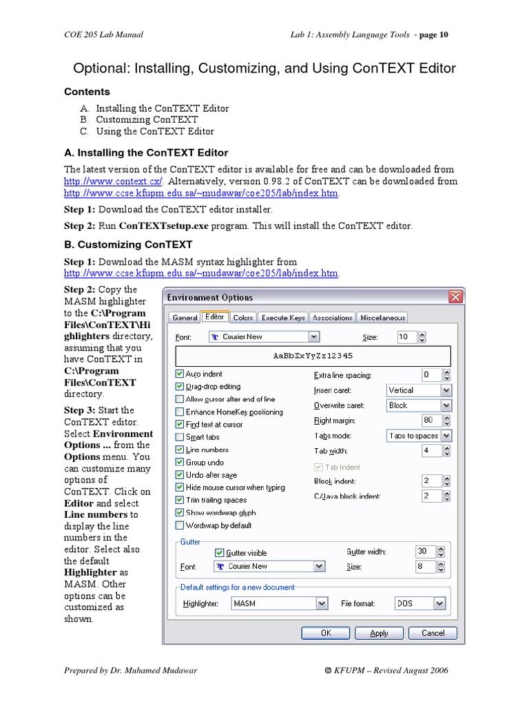 Optional: Installing, Customizing, and Using Context Editor: Coe 205 Lab Manual Lab 1: Assembly ...