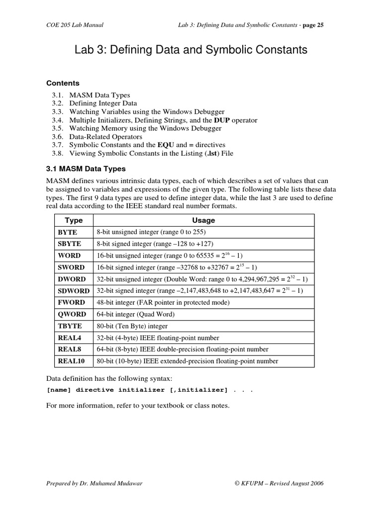 COE 205 Lab Manual Lab 3: Defining Data and Symbolic Constants - Page 25 | PDF | Data Type ...