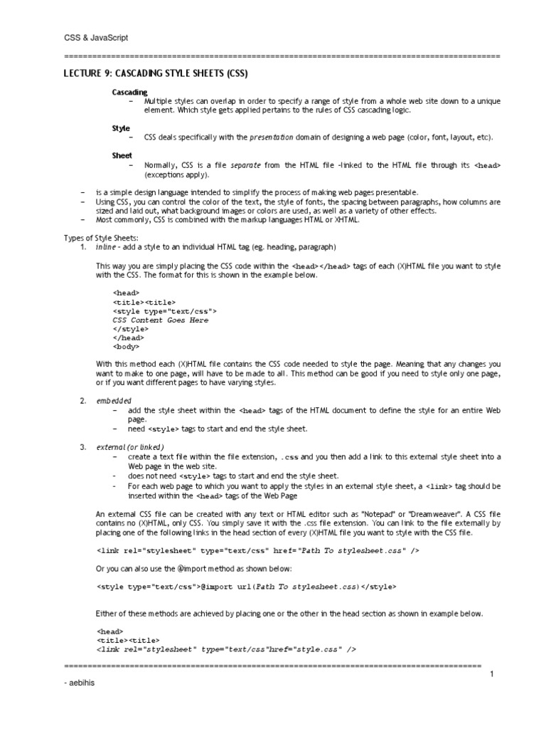 Css Javascript Lecture Pdf Cascading Style Sheets Html Element 1655