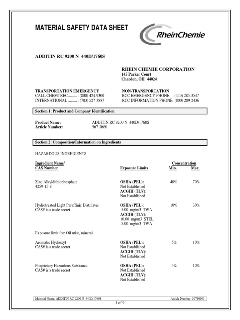 ADDITIN RC 9200 Safety Data Sheet | PDF | Dangerous Goods | Toxicity