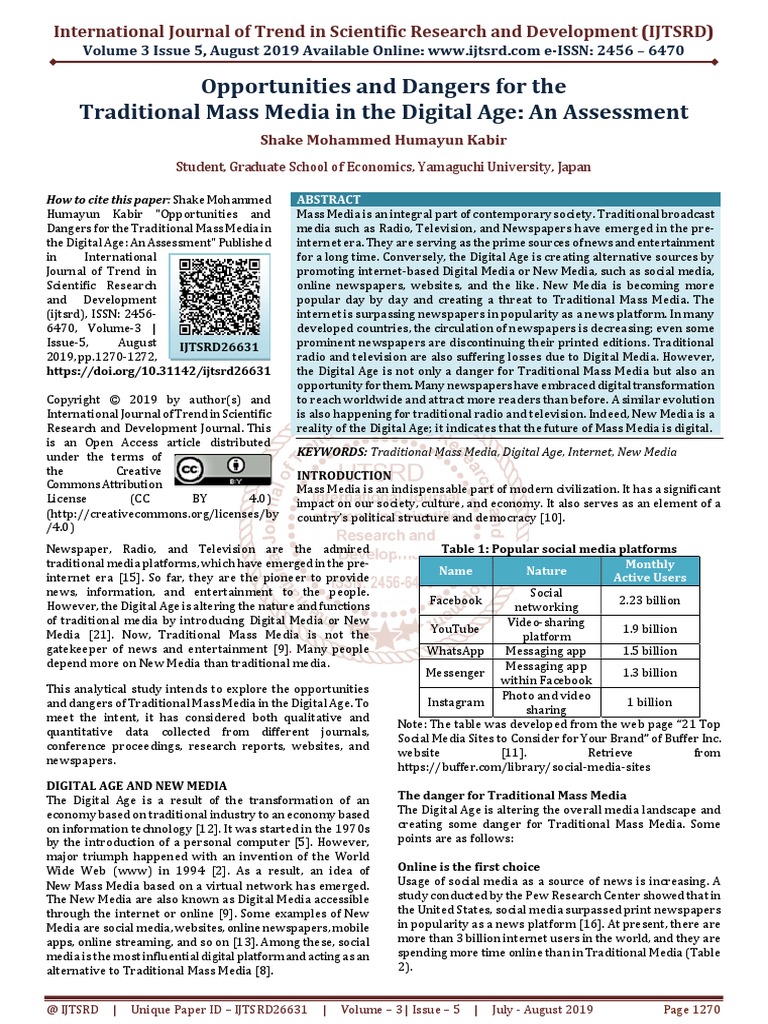 Opportunities and Dangers For The Traditional Mass Media in The Digital ...