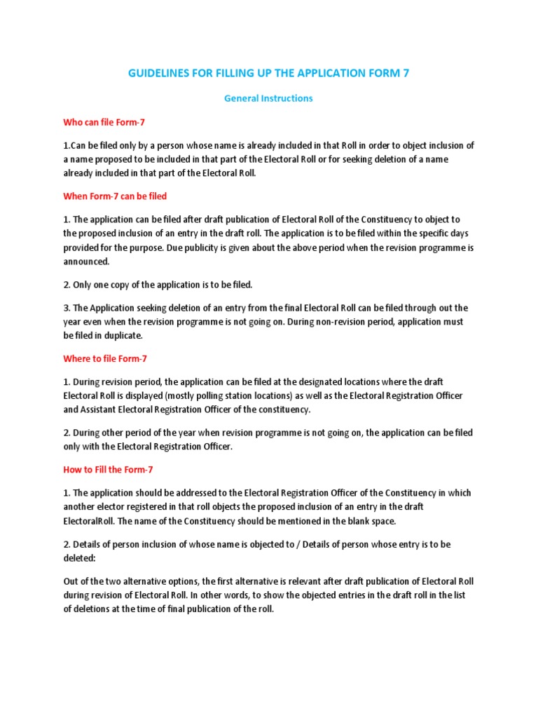 Guidelines For Filling Up The Application Form 7: Who Can File Form-7 ...