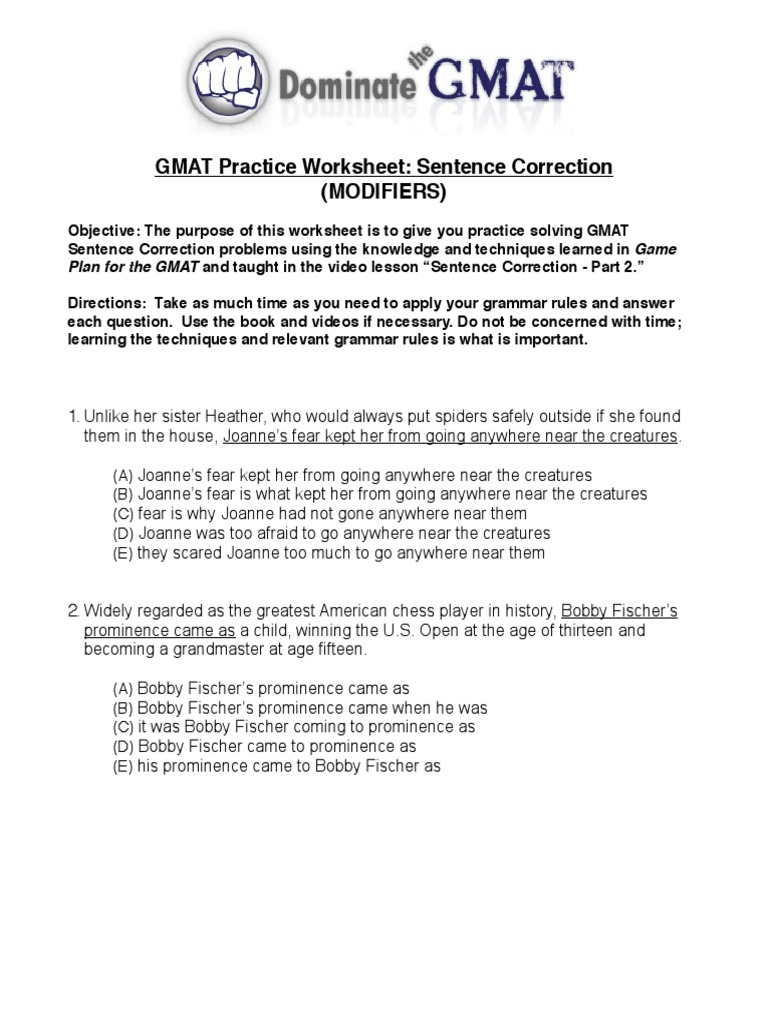 GMAT Worksheet Sentence Correction Modifiers v2 | PDF | Games & Activities