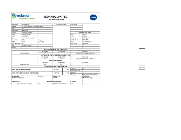 PSV Certificate | PDF | Calibration | Manufactured Goods