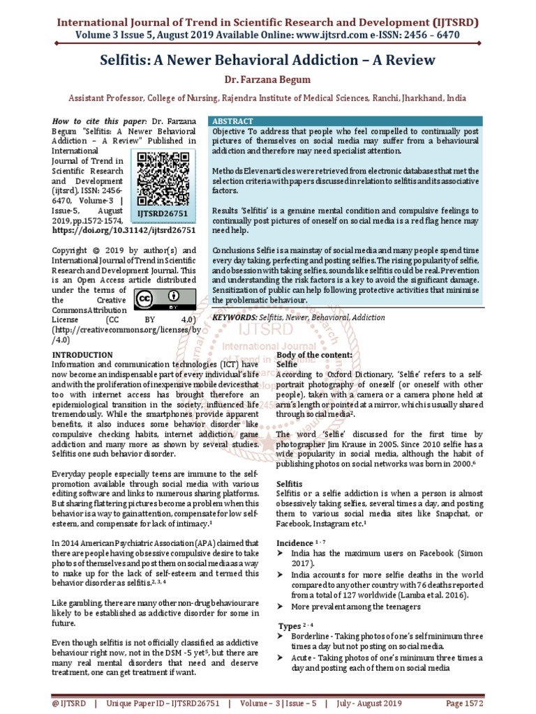 Selfitis A Newer Behavioral Addiction - A Review | PDF | Selfie ...