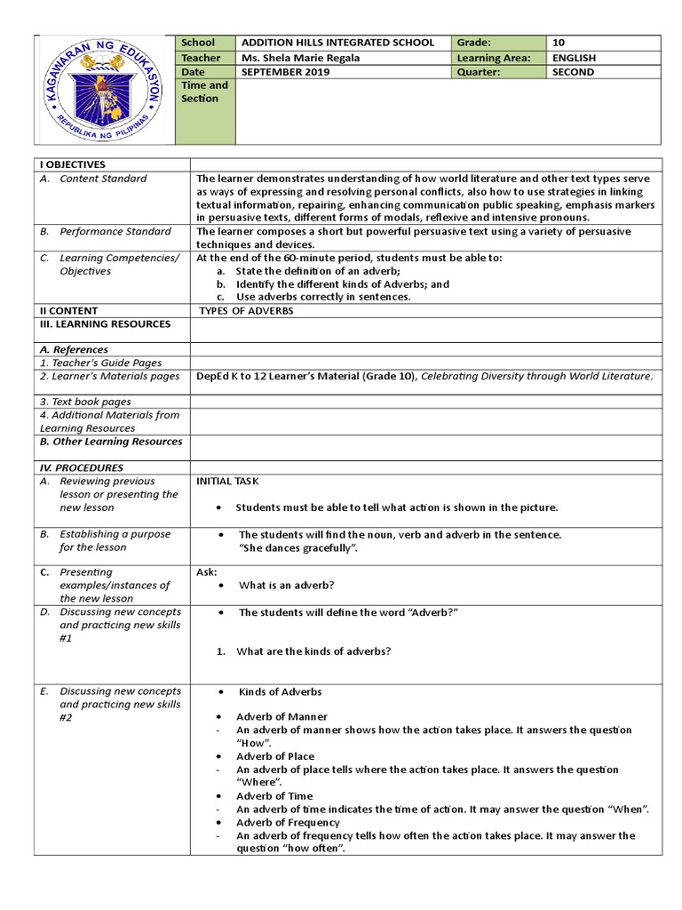 Types of Adverbs Lesson | PDF | Adverb | Lesson Plan